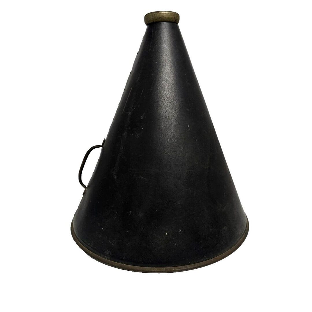 VINTAGE LARGE CHEERLEADER Megaphone Bull Horn Dark Brown Metal Handle ...
