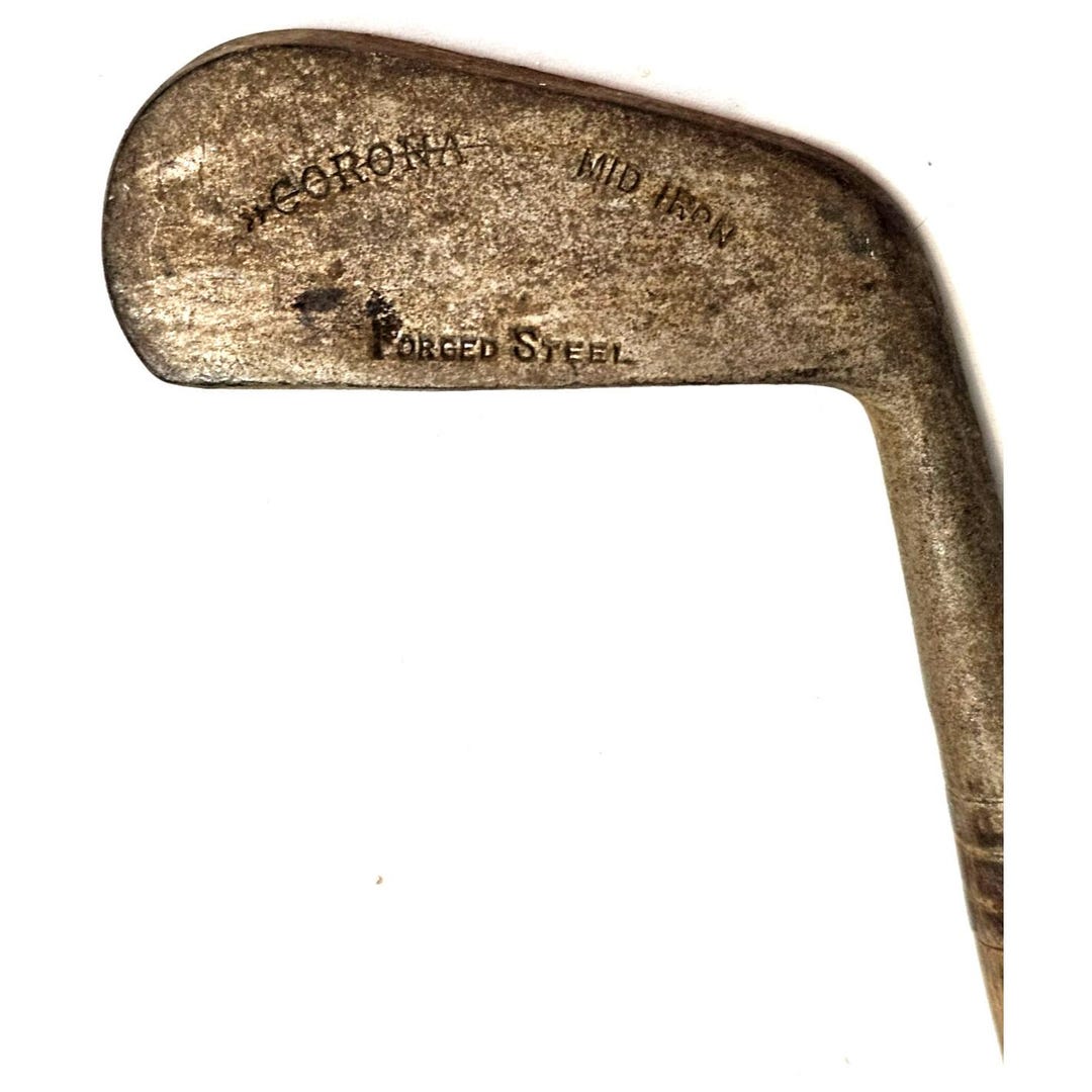 ANTIQUE GOLF CORONA Mid Iron Golf Club Putter Hickory Shaft Leather ...