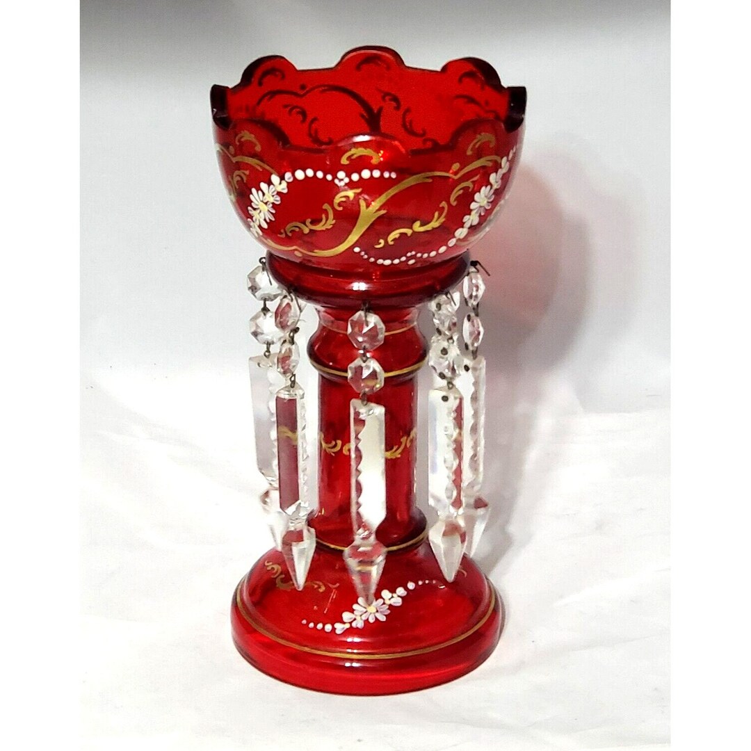 BOHEMIAN CUT CRYSTAL Cranberry Glass Luster Lamp Prisms Collectible ...