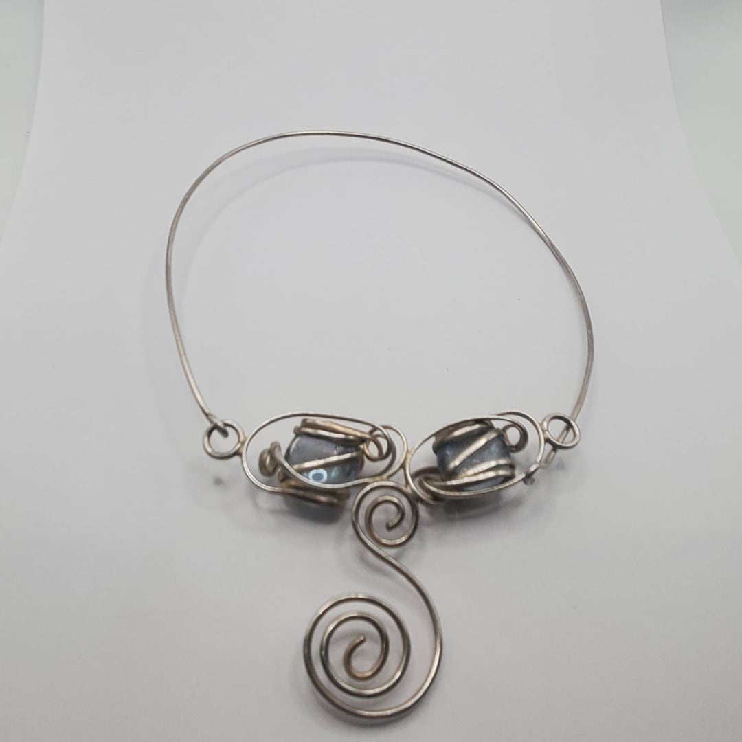 VINTAGE SILVER WIRE Choker Necklace With Stone Collectible Estate ...