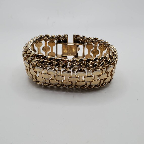 VINTAGE MONET WIDE Gold Plated Bracelet Collectible E… - Gem