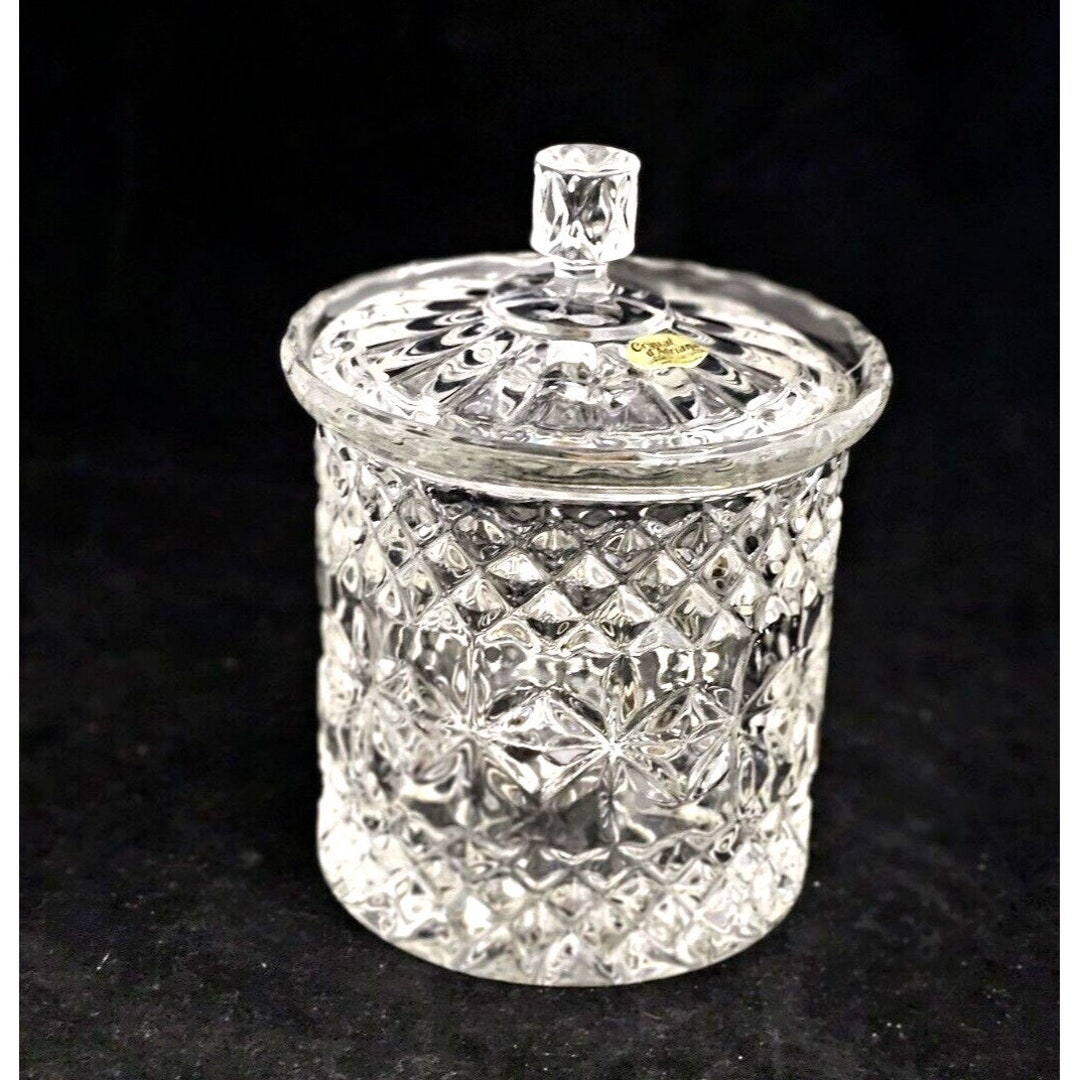 ANTIQUE CRYSTAL LIDDED Canister Jar 6" Ornate Container Heavy Crystal D ...
