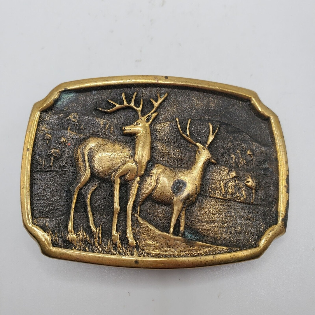 VINTAGE DEERS TWO Bucks Stag Belt Buckle Solid Brass B.T.S Hunting ...
