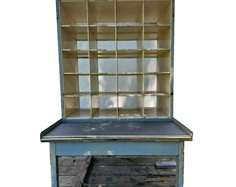 ANTIQUE WOOD MAIL Postal Sorting Desk Industrial Furniture Maple Oak ...
