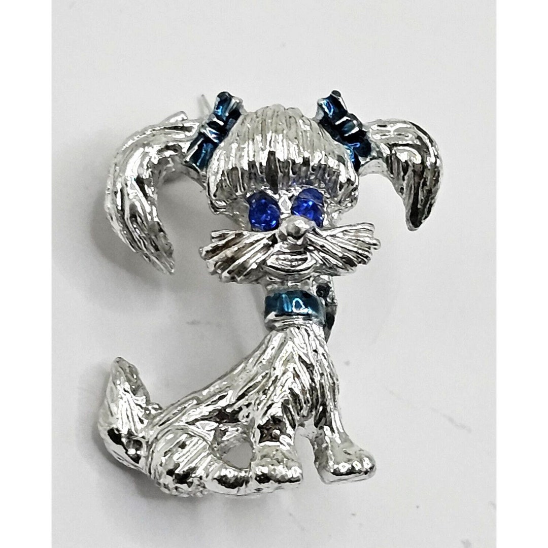 VINTAGE POODLE DOG Brooch Pin Gerry's Silvertone Blue Jewels Rhinestone ...
