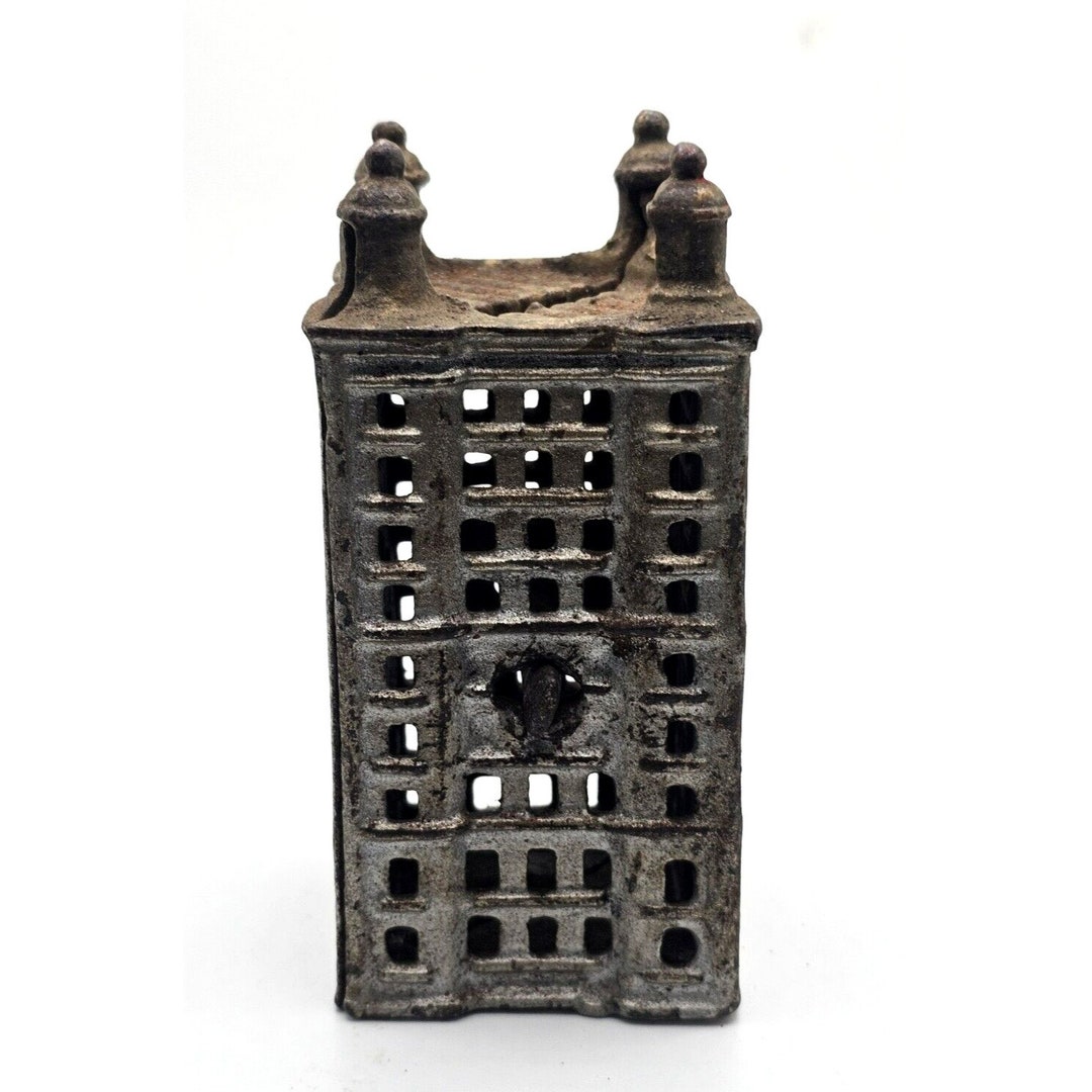 ANTIQUE CAST IRON Bank Building Skyscraper Tower Coin Still Bank Silver ...