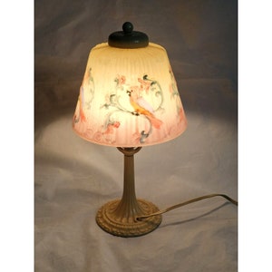 ANTIQUE CAST IRON Lamp With Reverse Painted Ribbed Glass Parrot Shade ...