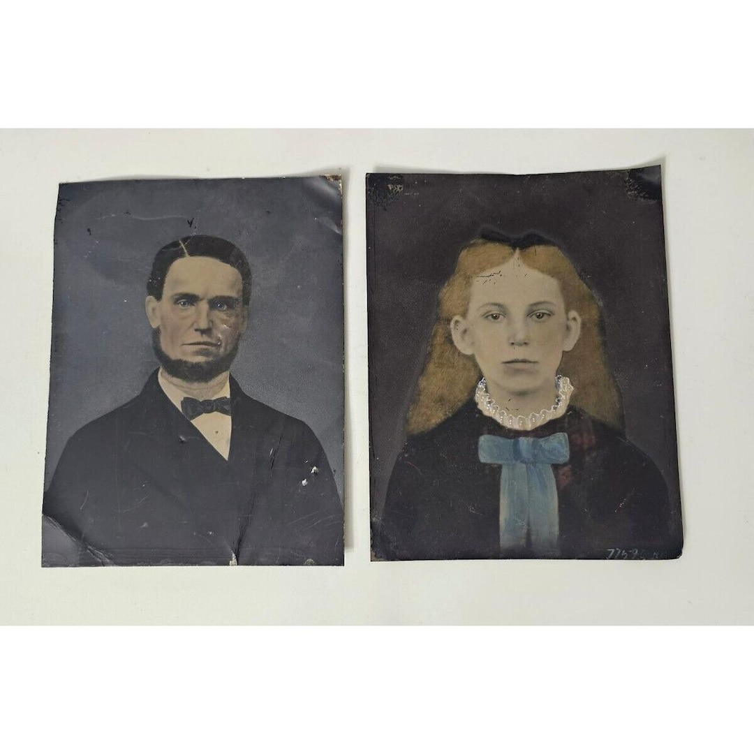 ANTIQUE TINTYPE PORTRAITS Man & Woman Full Plat Tin Large Early Photos ...