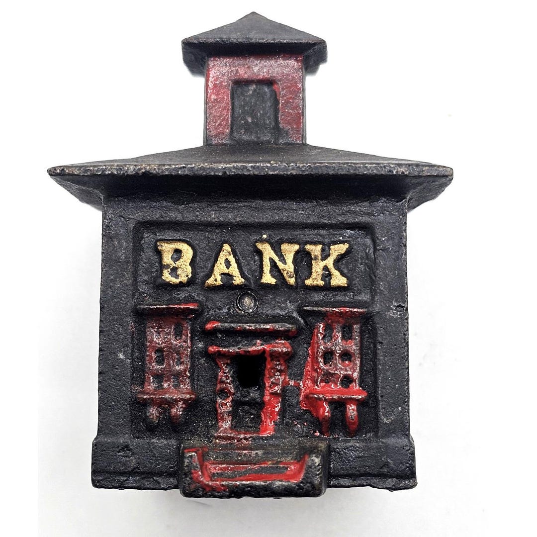 ANTIQUE CAST IRON Coin Bank Building School House A C Williams Black ...