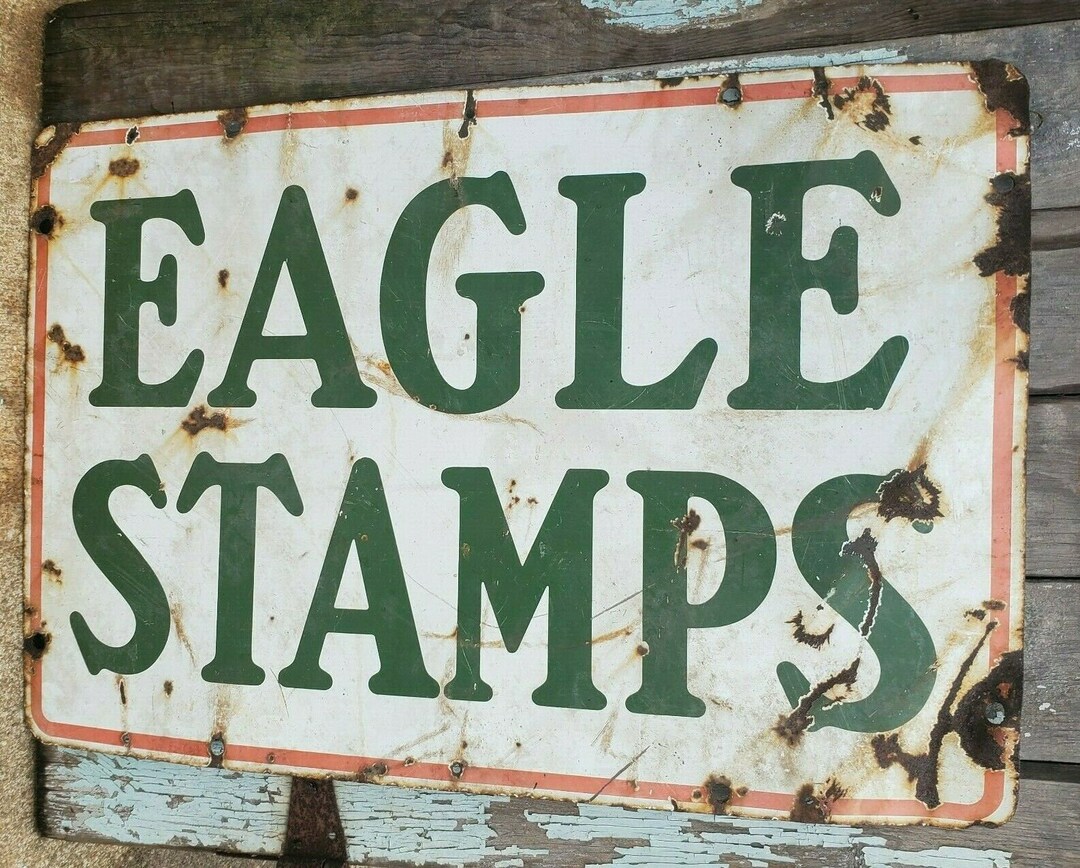 VINTAGE EAGLE STAMPS Porcelain Sign Double Sided Original Advertising ...