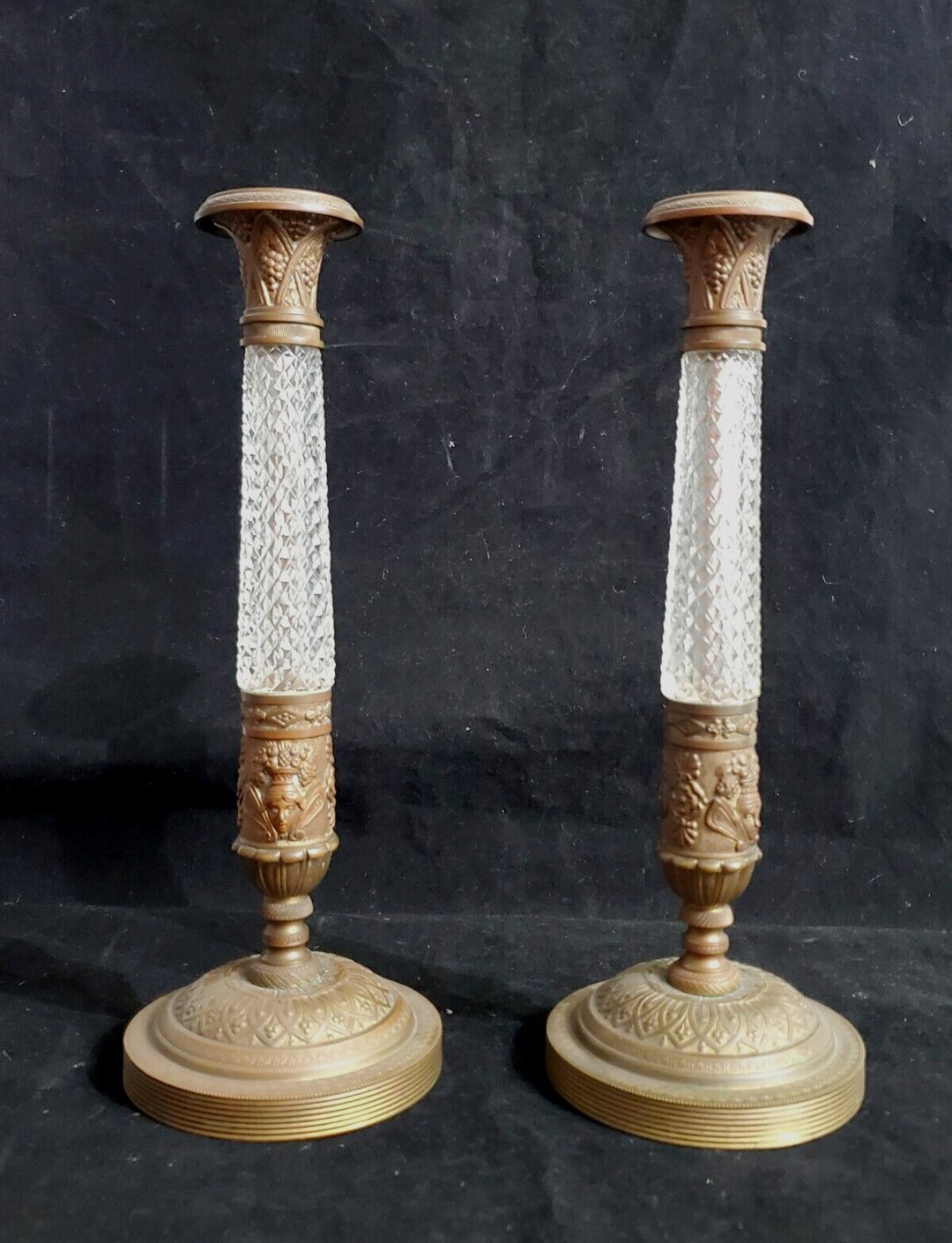 RARE VINTAGE CANDLESTICKS Brass & Crystal Shafts Collectible Fine Home ...