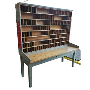 ANTIQUE WOOD MAIL Postal Sorting Desk Industrial Furniture Maple Oak ...