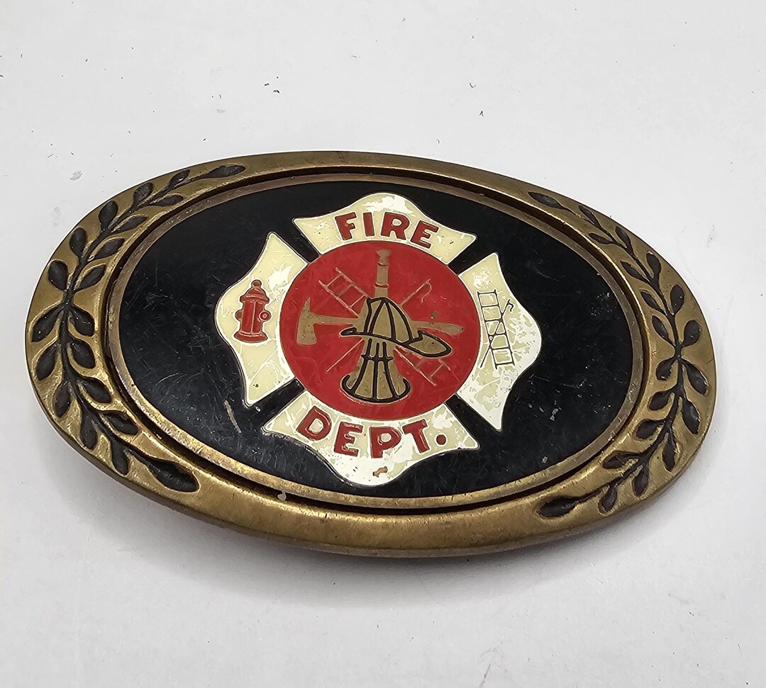VINTAGE FIRE DEPT Belt Buckle Solid Brass Enamel Fireman Ladder Fire ...