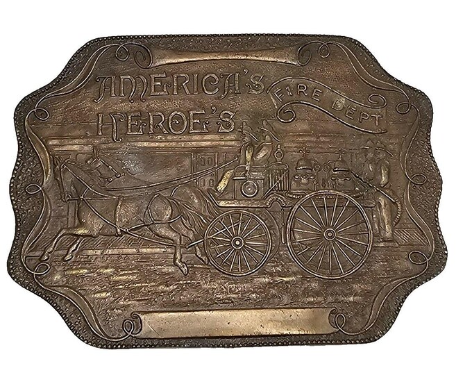 VINTAGE FIREMAN FIRE Department Brass Belt Buckle America's Hereo's ...