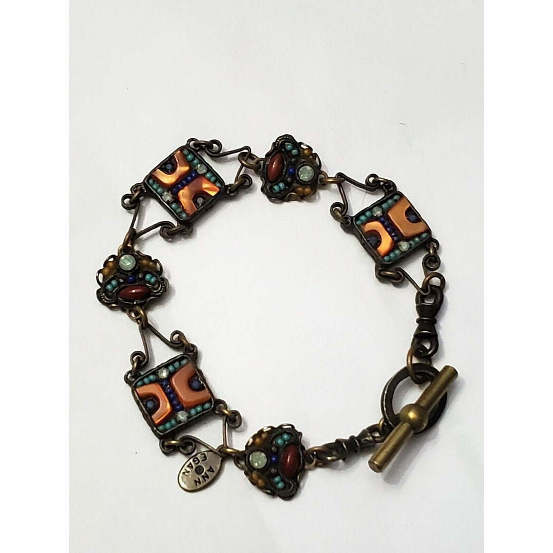 ANTIQUE DESIGNER ANN Egan Bracelet Artisan Toggel Bracelet Signed 8 ...