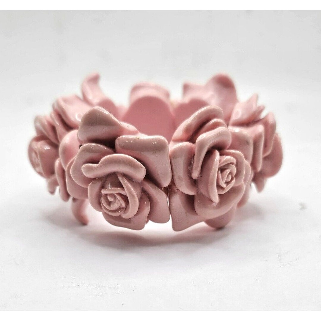VINTAGE PINK ROSES Wide Cuff Bracelet Lucite Plastic Carved Three ...