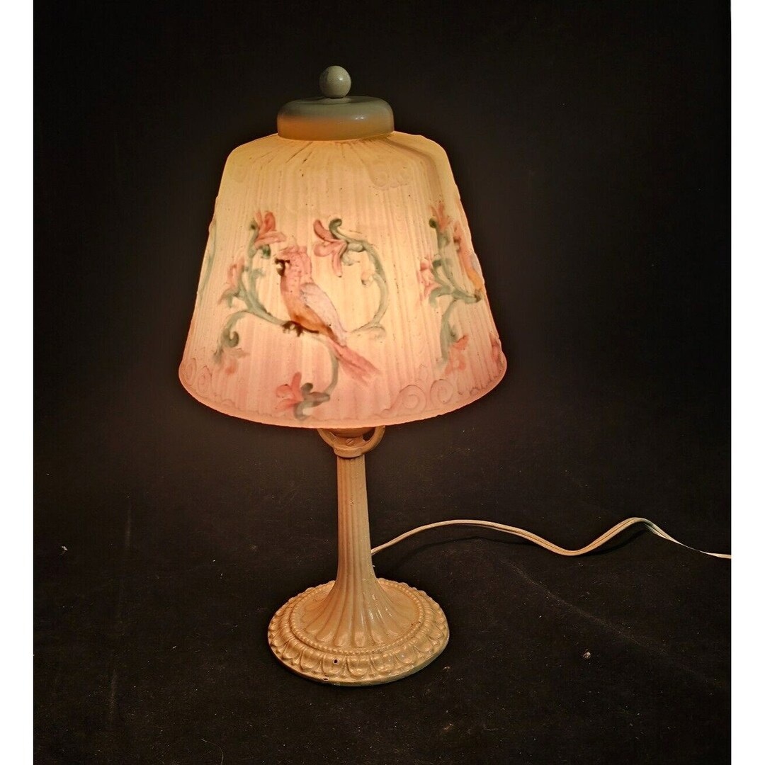 ANTIQUE CAST IRON Lamp With Reverse Painted Ribbed Glass Parrot Shade ...