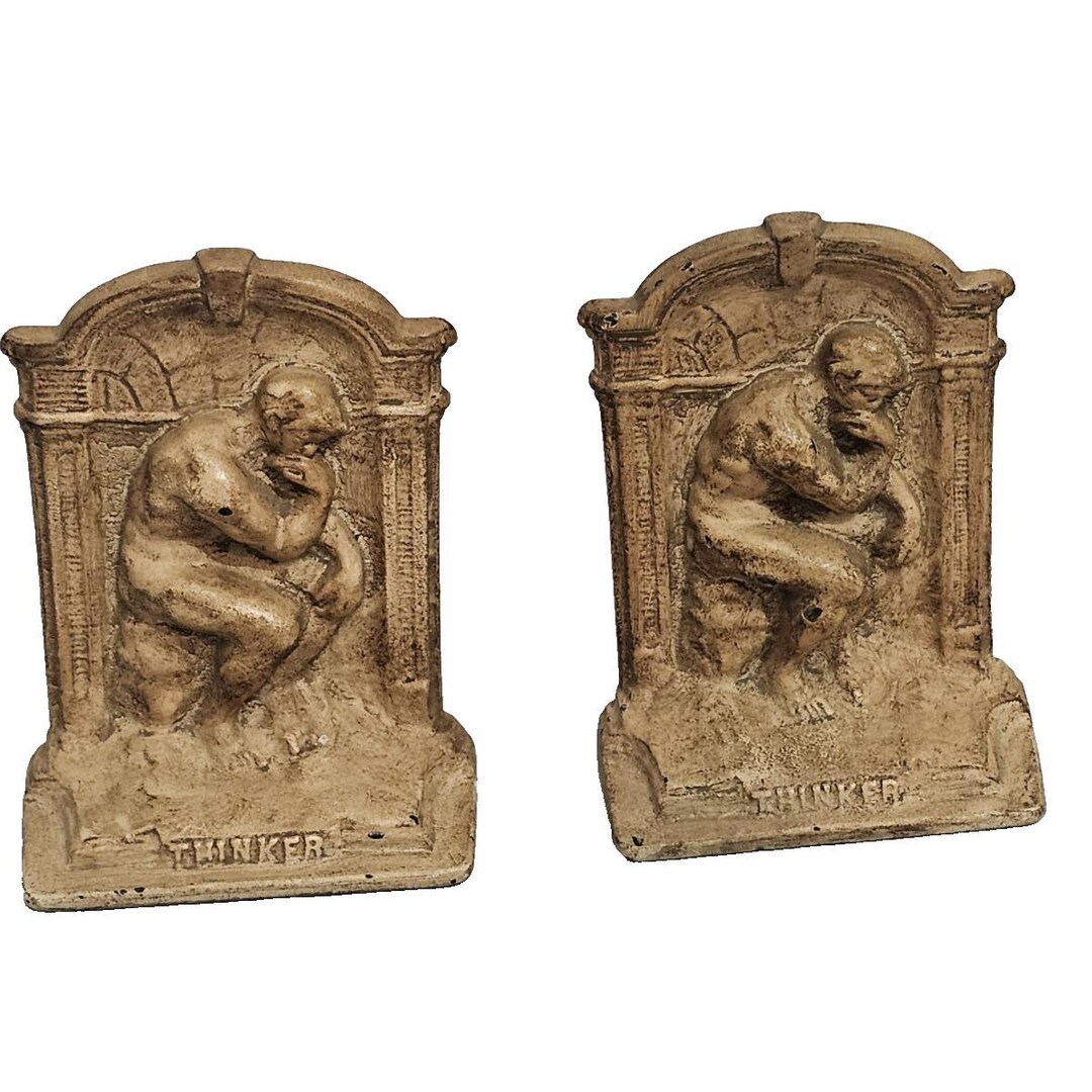 VINTAGE BOOKENDS THINKER Cast Iron Collectible Home Decor Memorabilia ...