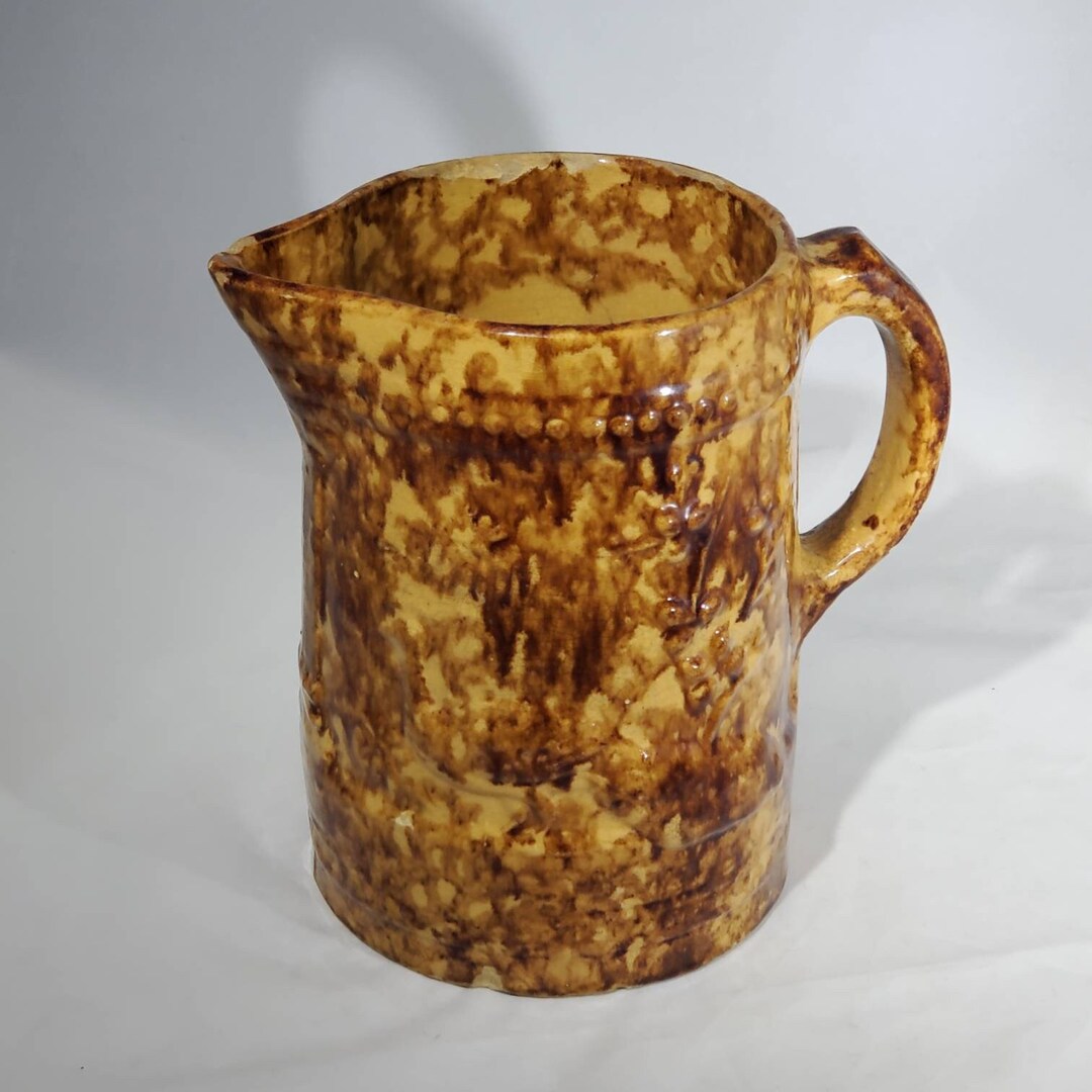 VINTAGE SPONGEWARE PITCHER Peacock Brown Primitive Water Pitcher ...