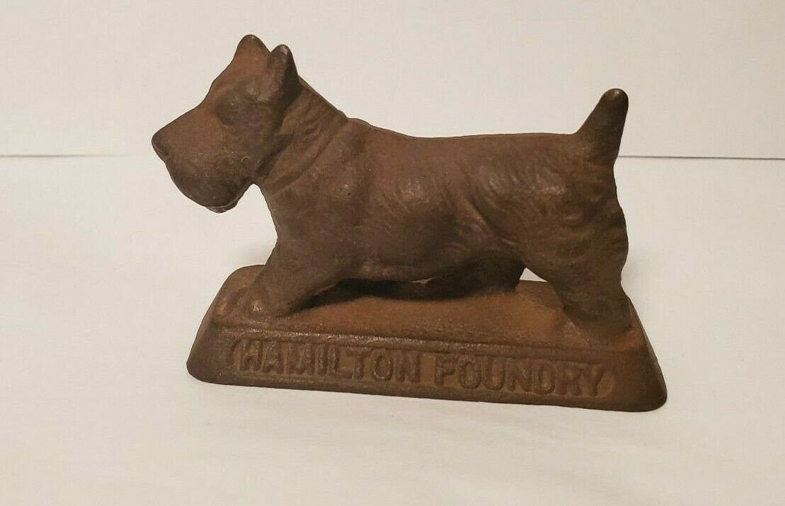 VINTAGE CAST IRON Scottie Dog Paperweight Advertising Hamilton Foundry ...