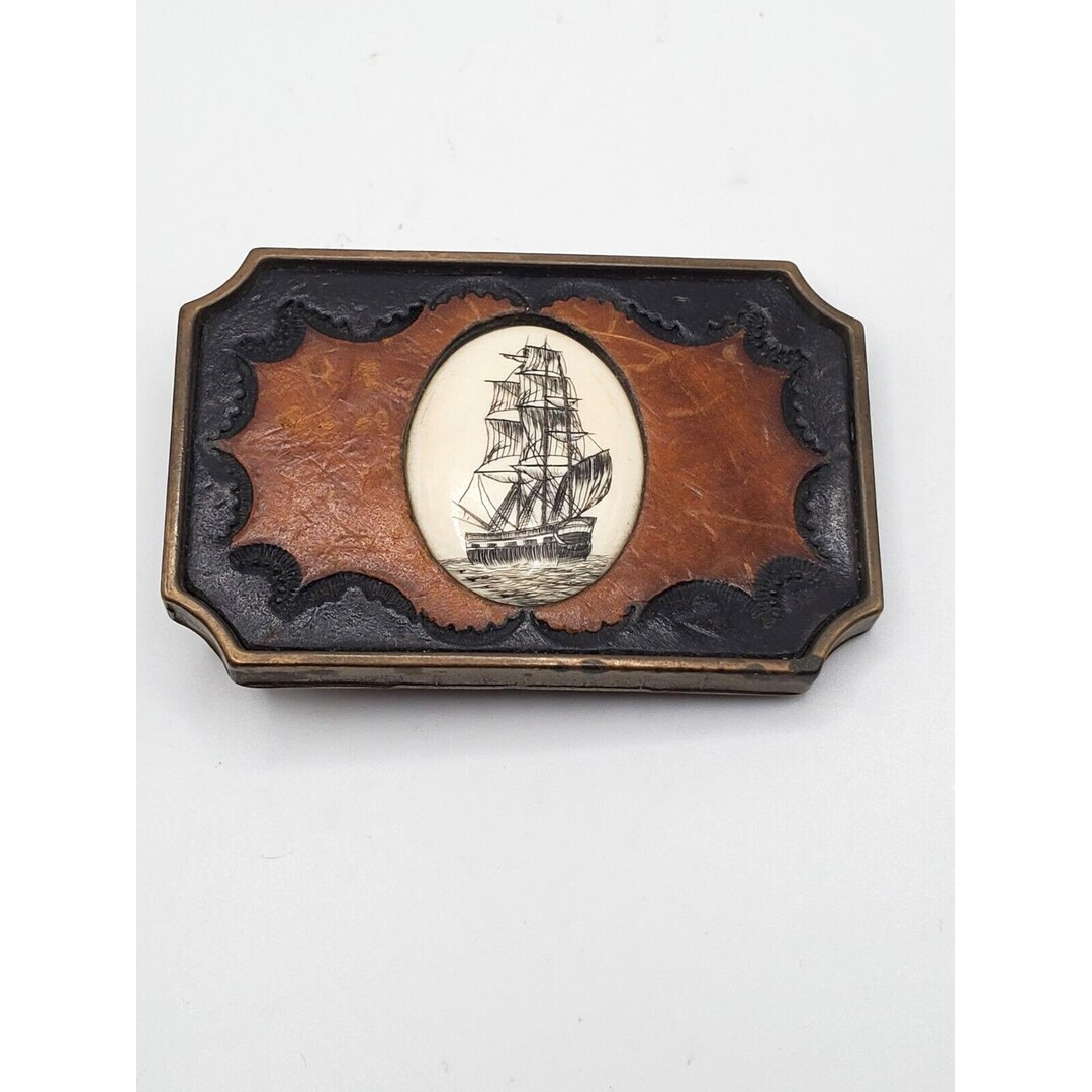 VINTAGE SAIL SHIP Carving Belt Buckle Engraved Leather Brass B T S ...