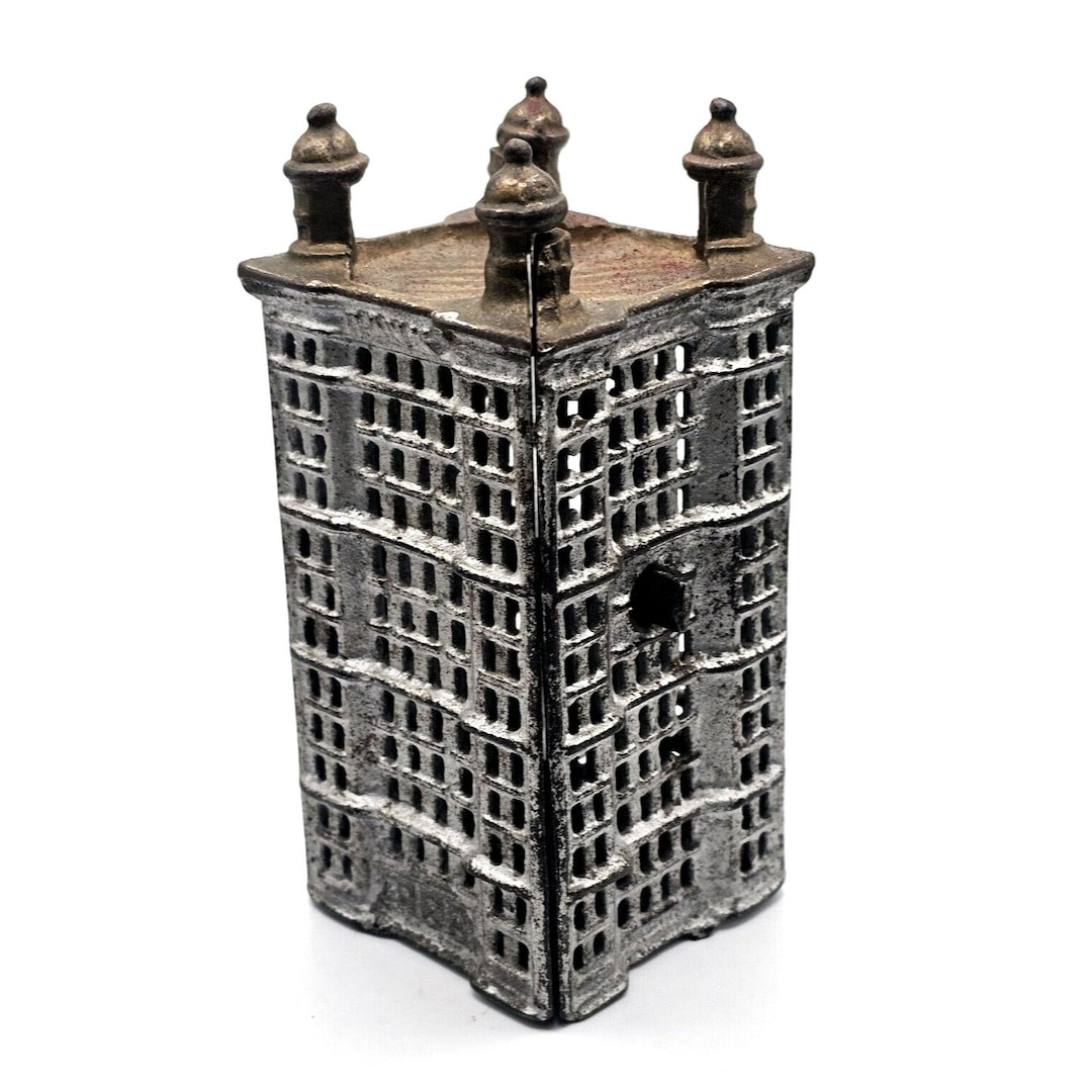 ANTIQUE CAST IRON Bank Building Skyscraper Tower Coin Still Bank Silver ...