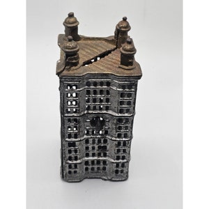 ANTIQUE CAST IRON Bank Building Skyscraper Tower Coin Still Bank Silver ...