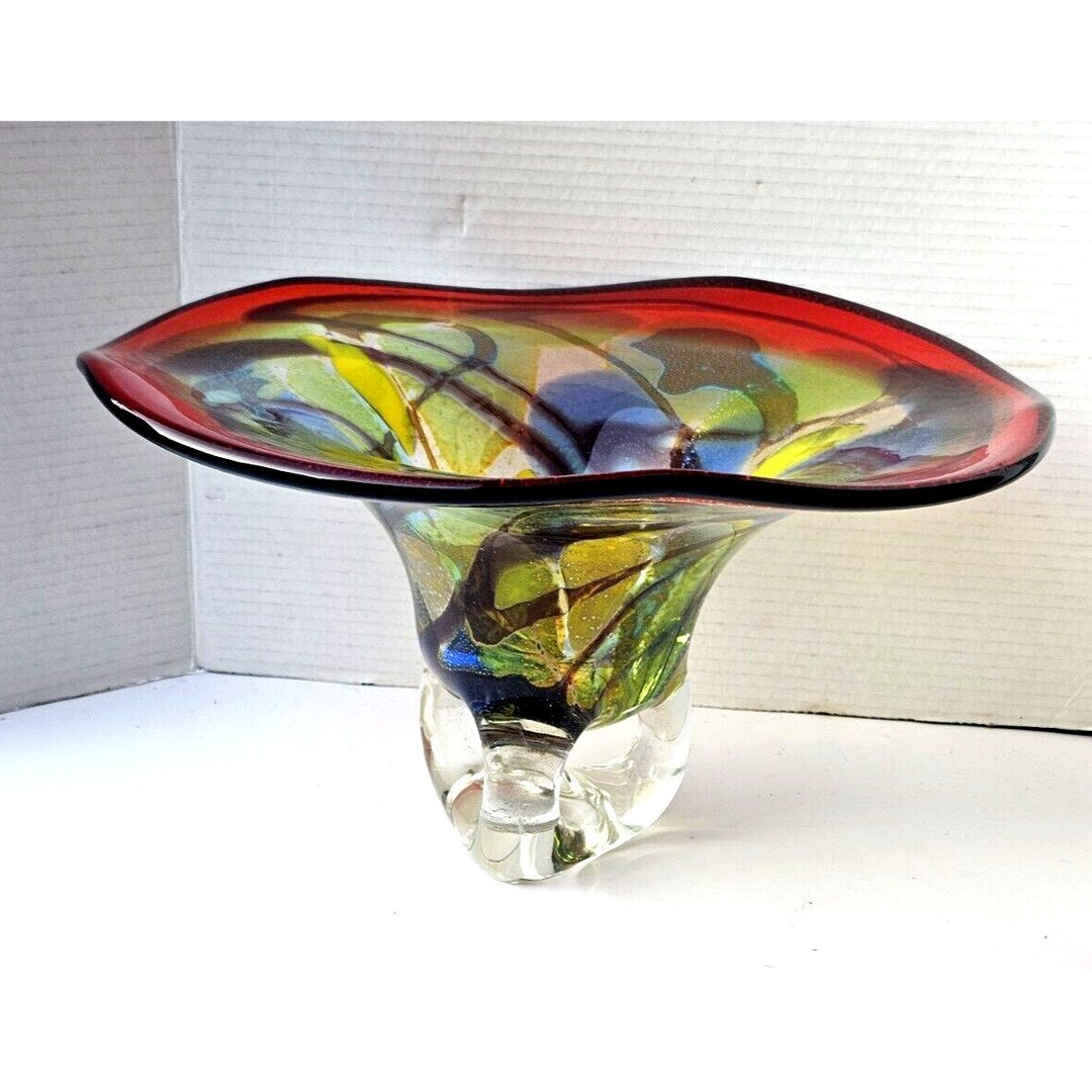 ANTIQUE ABSTRACT ART Glass Hand Blown Vase Bowl Multicolor Decorative ...