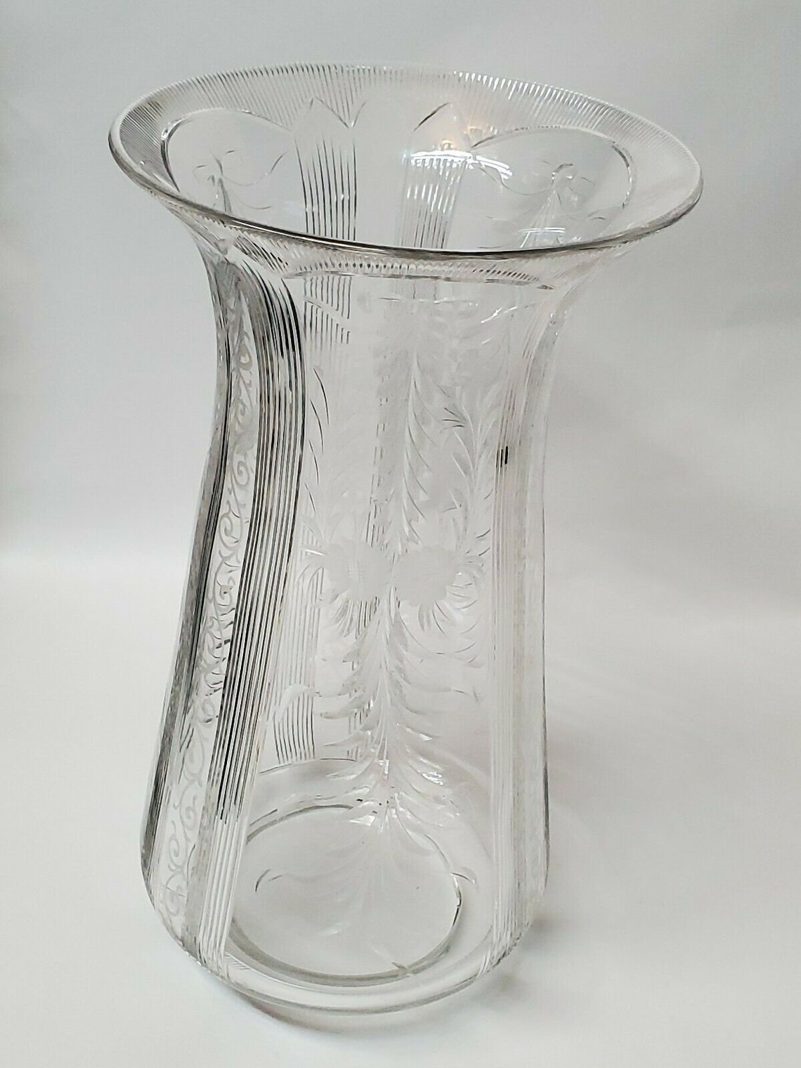 VINTAGE LARGE CLEAR Crystal Flower Vase Etched 12 1/2 - Etsy