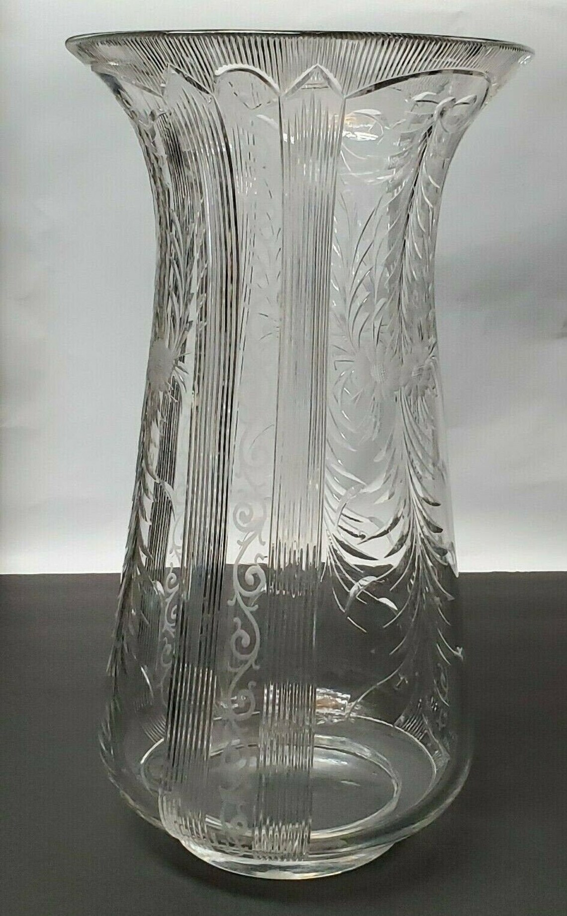 VINTAGE LARGE CLEAR Crystal Flower Vase Etched 12 1/2 - Etsy