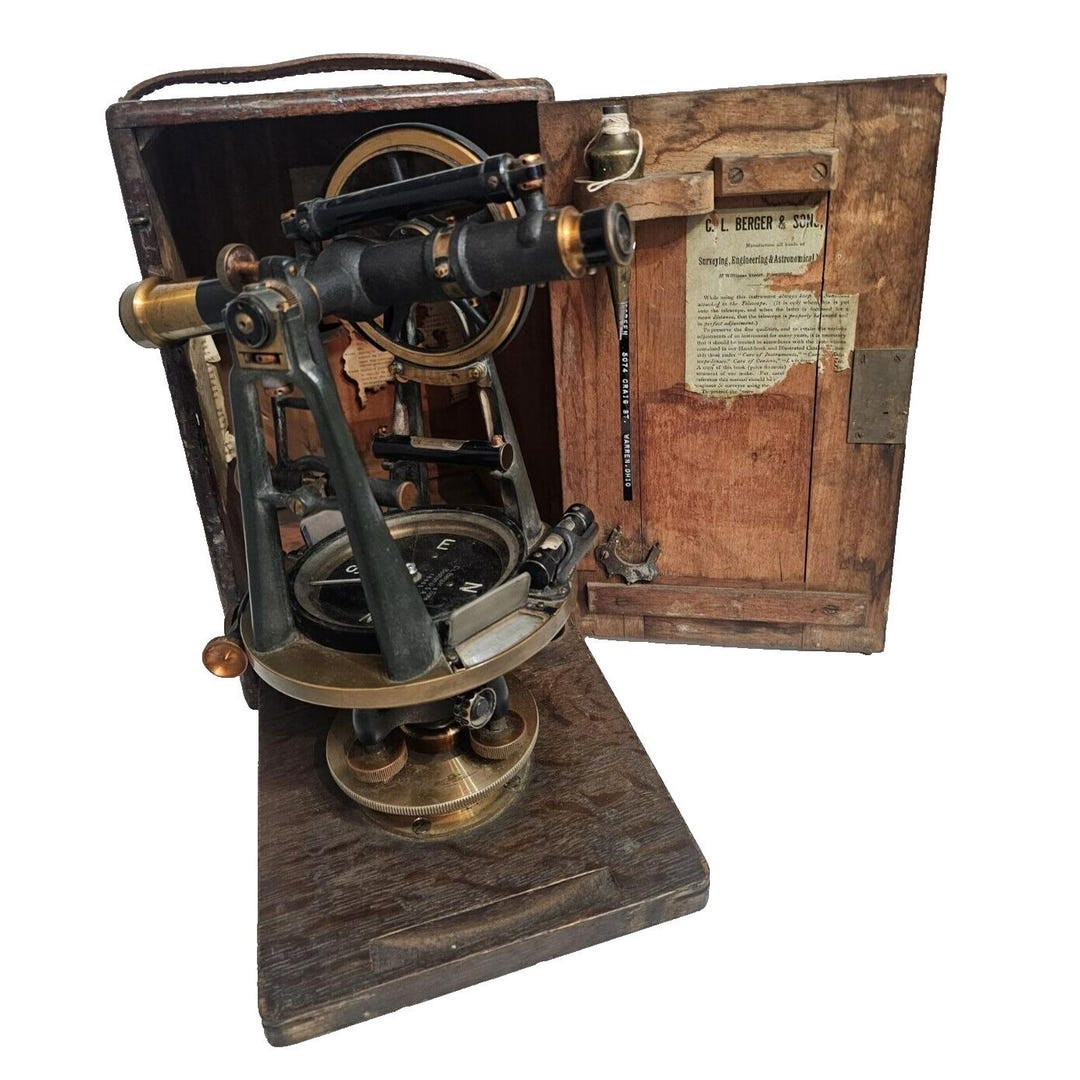 ANTIQUE SURVEYORS TRANSIT C. L. Berger & Sons Warren Knight Tripod Case ...