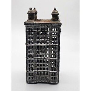 ANTIQUE CAST IRON Bank Building Skyscraper Tower Coin Still Bank Silver ...
