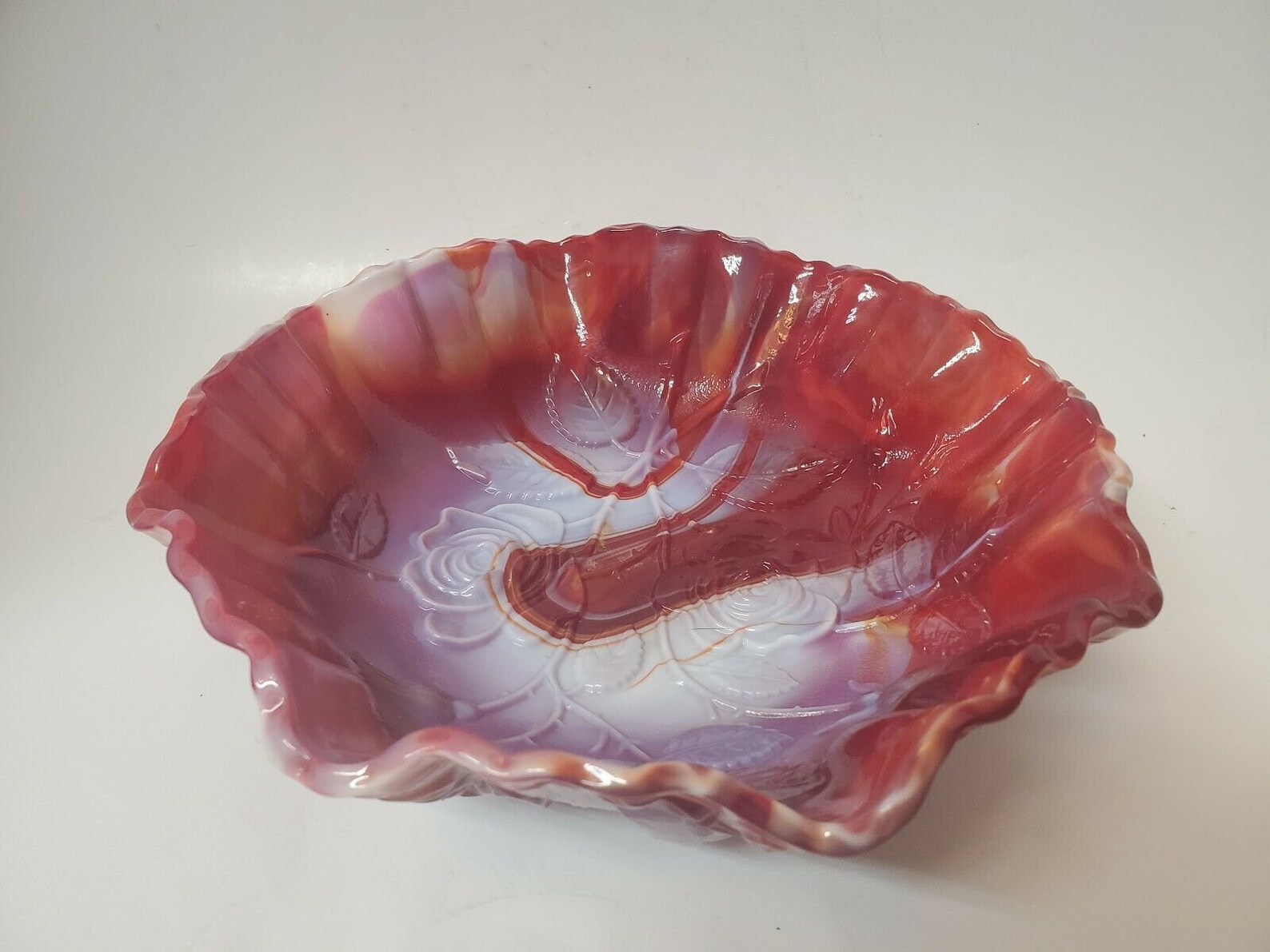VINTAGE IMPERIAL GLASS Bowl Red Slag Glass Footed Candy Dish Embossed ...