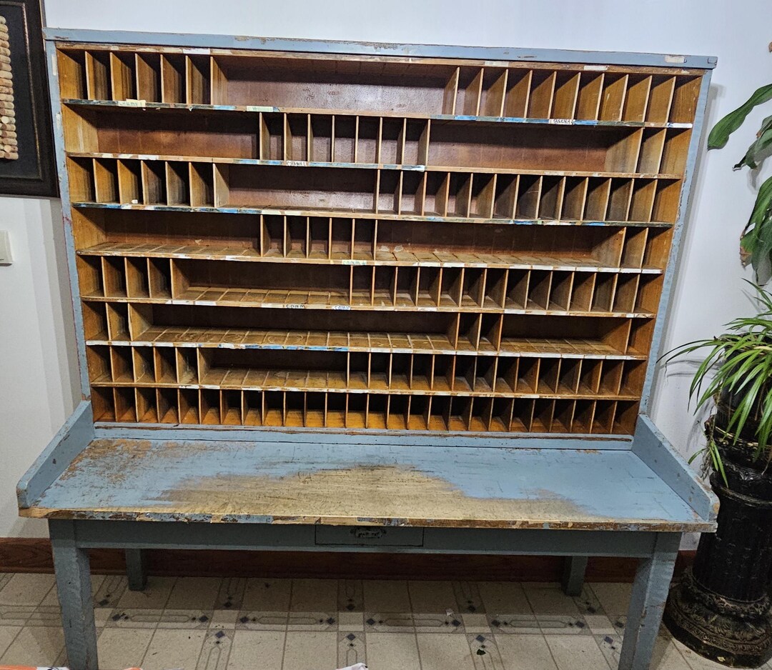 ANTIQUE WOOD MAIL Postal Sorting Desk Industrial Furniture Maple Oak ...