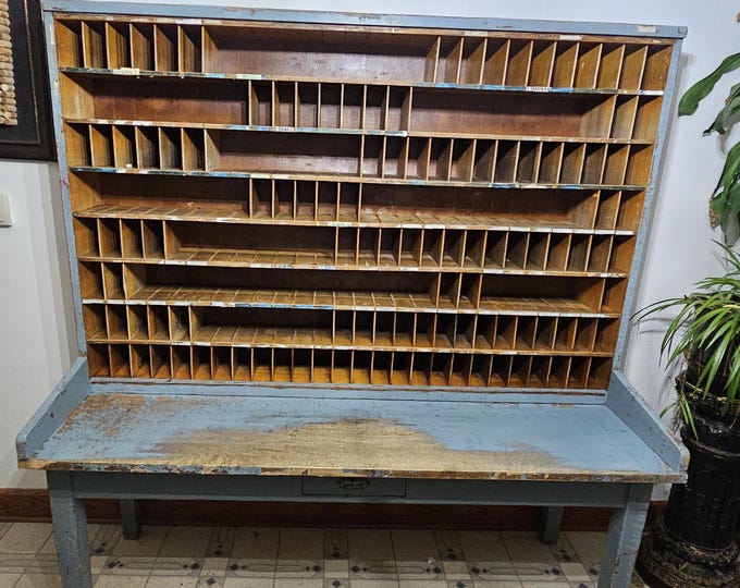 ANTIQUE WOOD MAIL Postal Sorting Desk Industrial Furniture Maple Oak ...