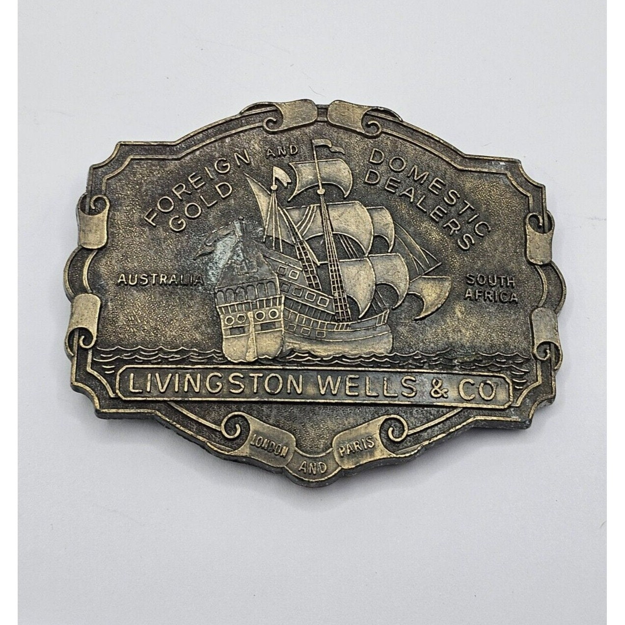 ANTIQUE SAILING SHIP Belt Buckle Livingstone Wells & Co Gold Dealers ...