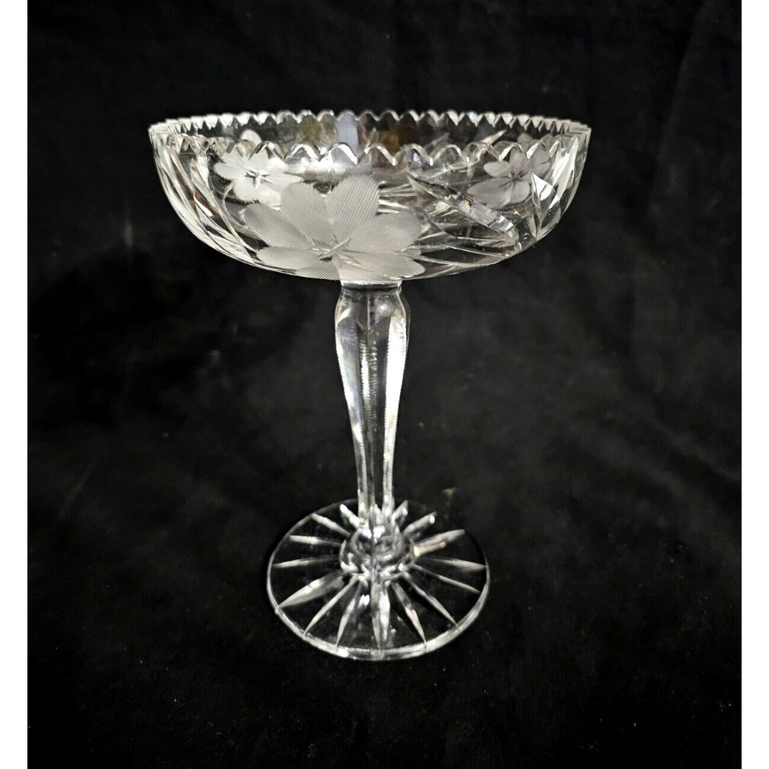 VINTAGE CUT CRYSTAL Compote Pedestal Bowl Etched Flowers Bubble Stem ...