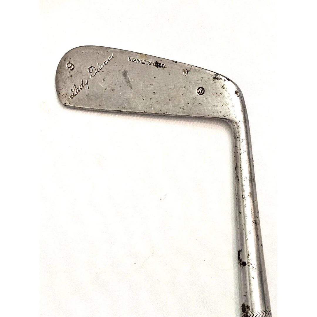 ANTIQUE GOLF CLUB Lady Diana Putter Hickory Shaft Leather Grip 9 Iron ...