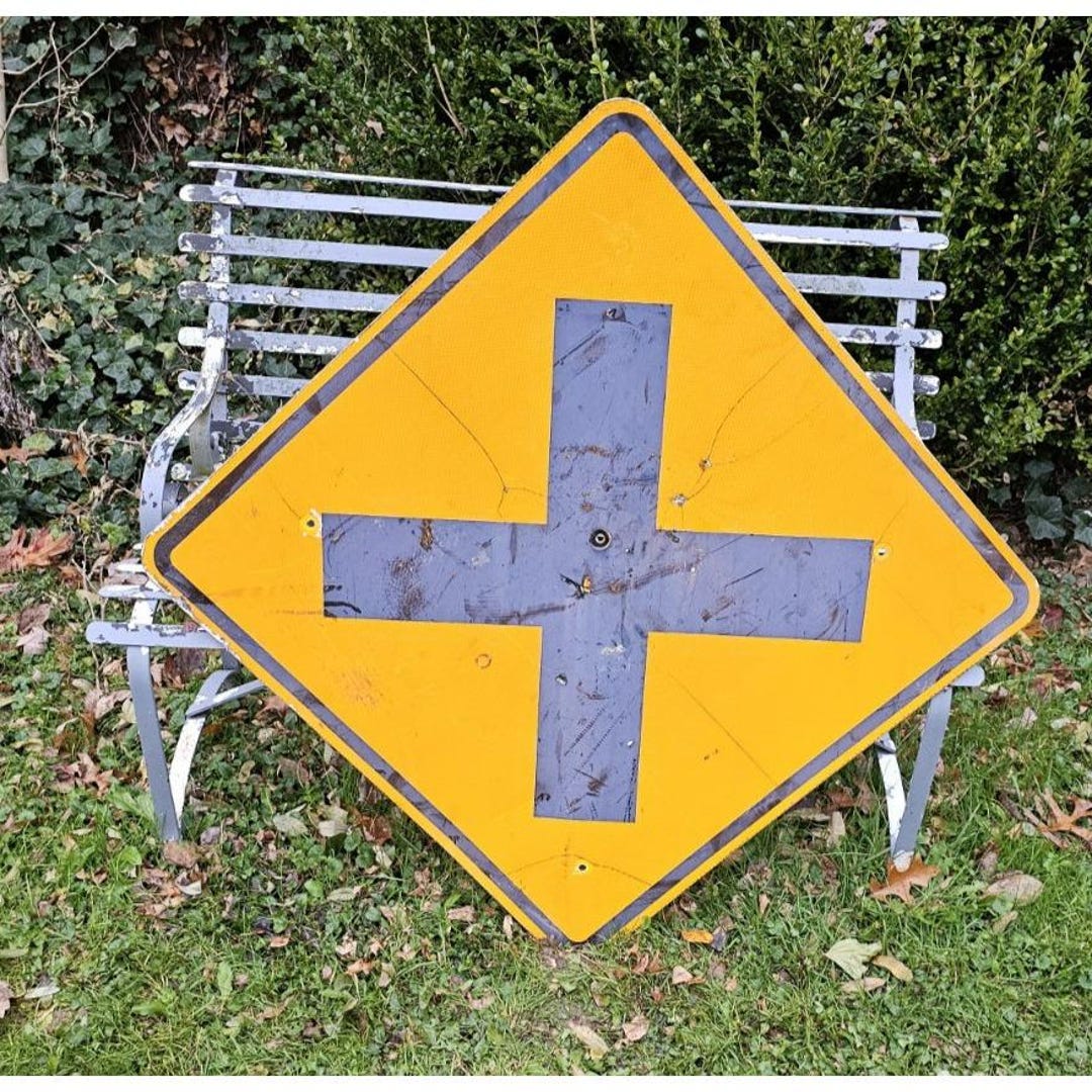 Vintage Road Sign CROSSROAD CROSS YELLOW Traffic Aluminum Retired 30 ...