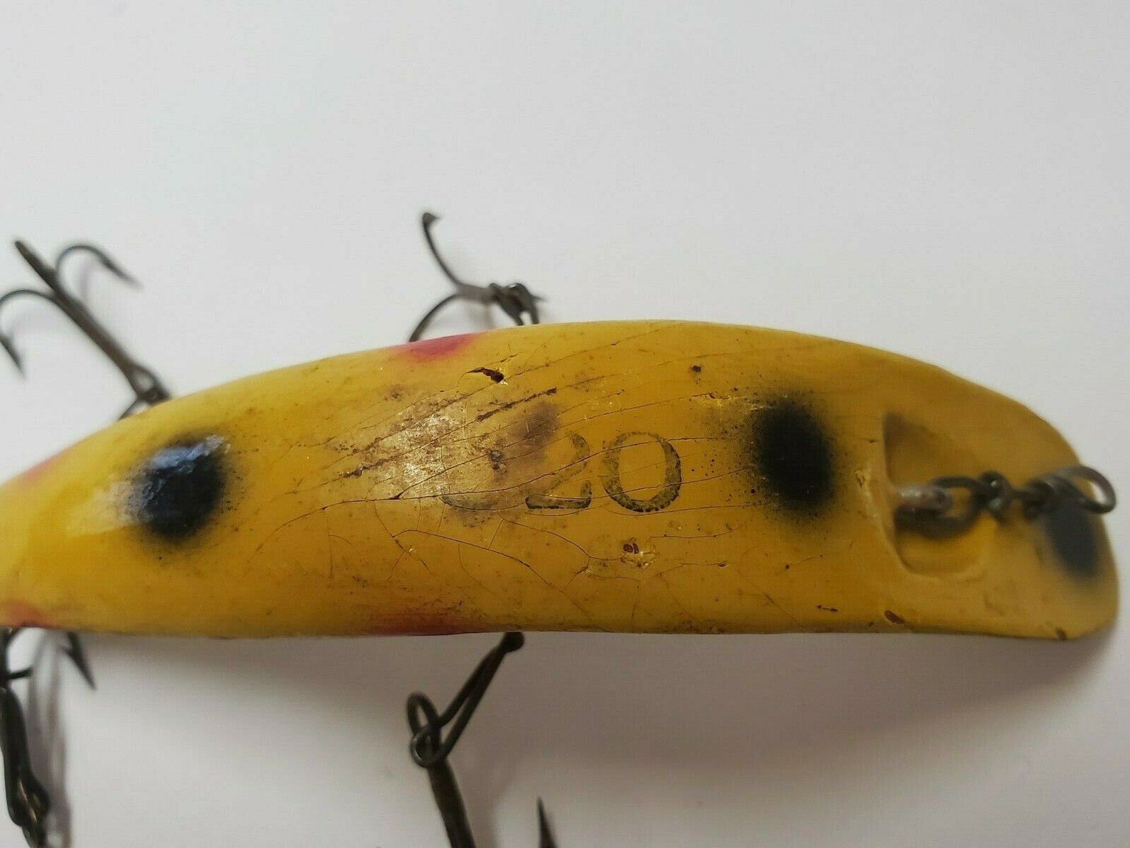 VINTAGE WOODEN FISHING Lure Yellow Black & Rd Spotted Double Hooks Fish ...
