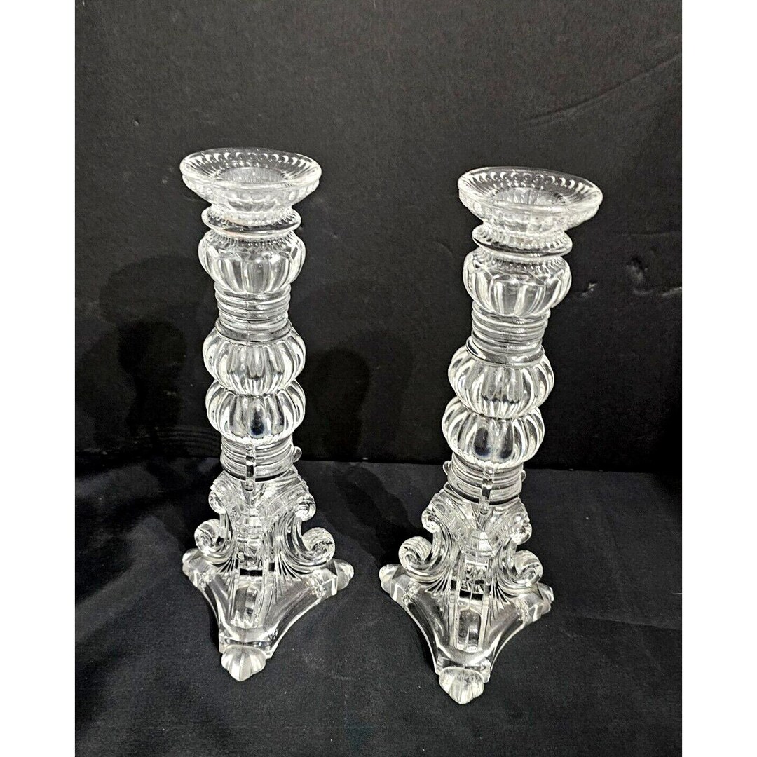 VINTAGE GLASS BOMBAY Crystal Italian Baroque Candle Holders Clear ...