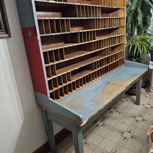 ANTIQUE WOOD MAIL Postal Sorting Desk Industrial Furniture Maple Oak ...