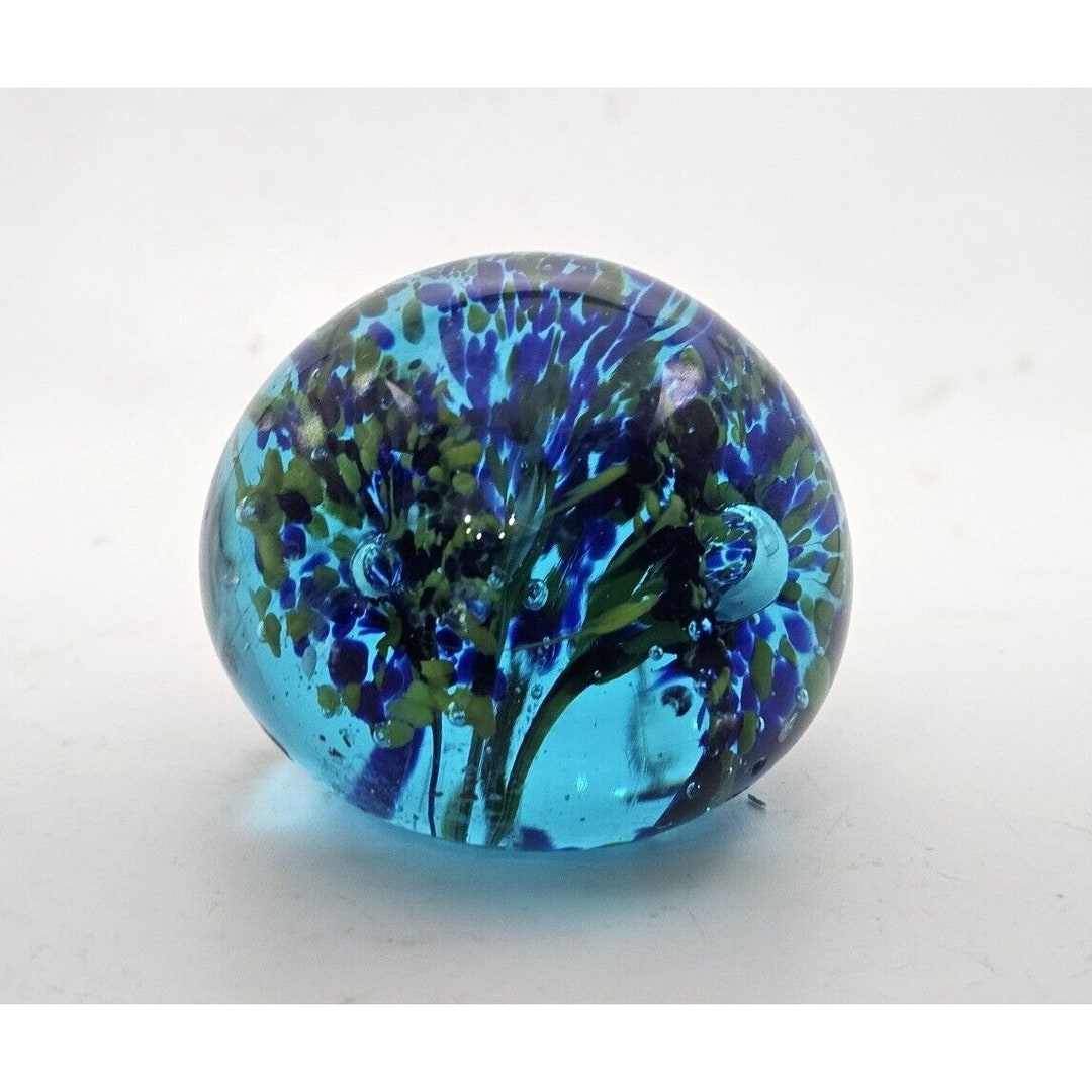 ANTIQUE GLASS PAPERWEIGHT Blue Floral Art Glass Collectible Hand Blown ...