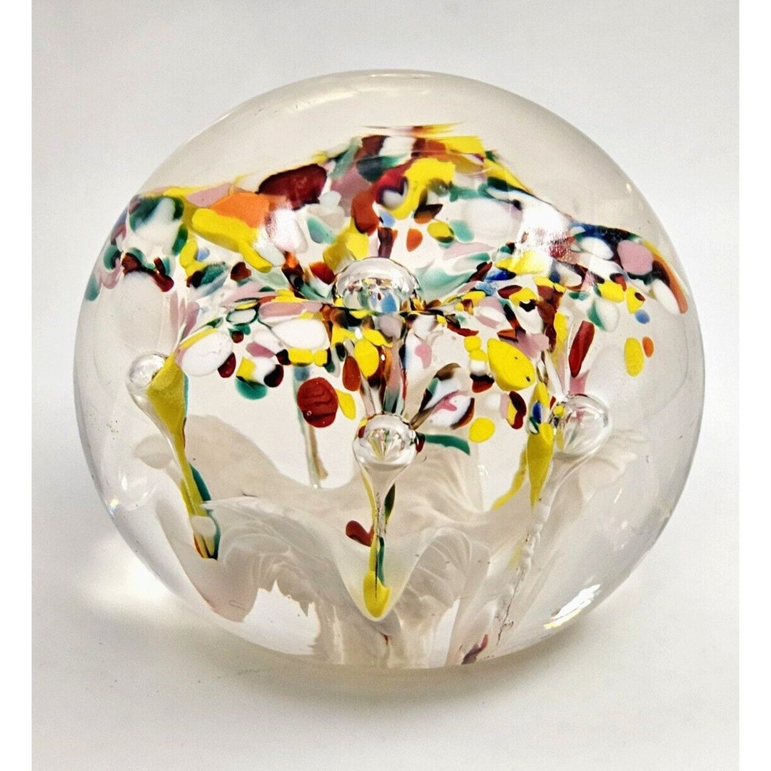 VINTAGE ART GLASS Paperweight Large Clear Mult Icolrs Collectible ...