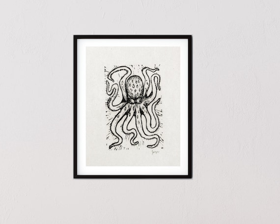 Octopus Print Black and White Linocut Block Print | Etsy