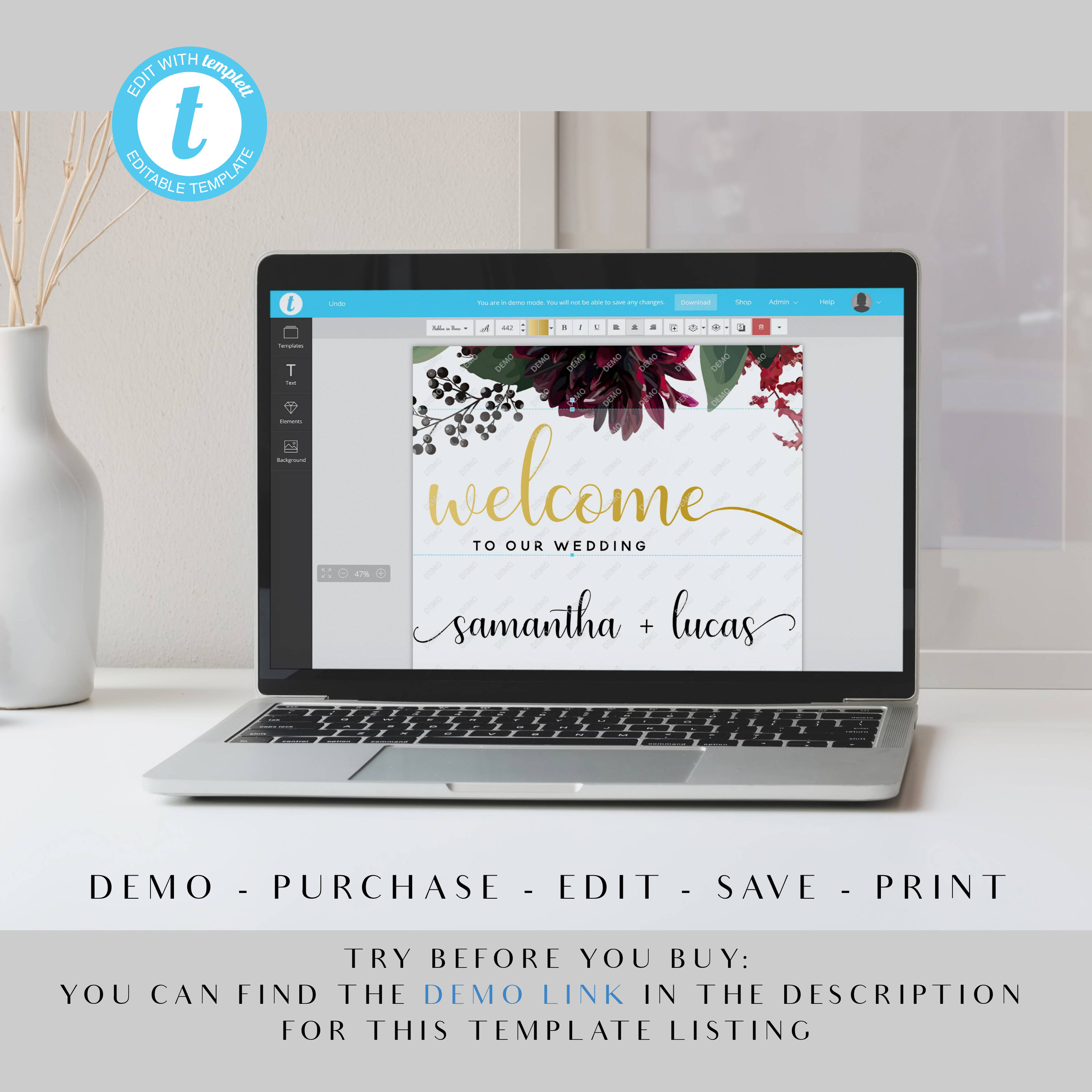 RUBY Floral Wedding Welcome Sign Template – Customise and Print ...