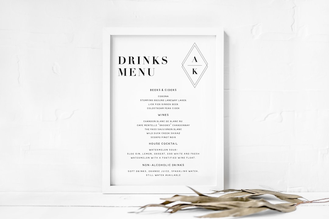 ERICA Monogram Minimalist Wedding Drinks Menu Template - Customise and ...