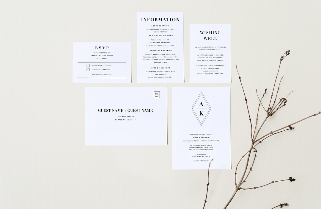 ERICA Monogram Minimalist Wedding Invitation Template Bundle ...