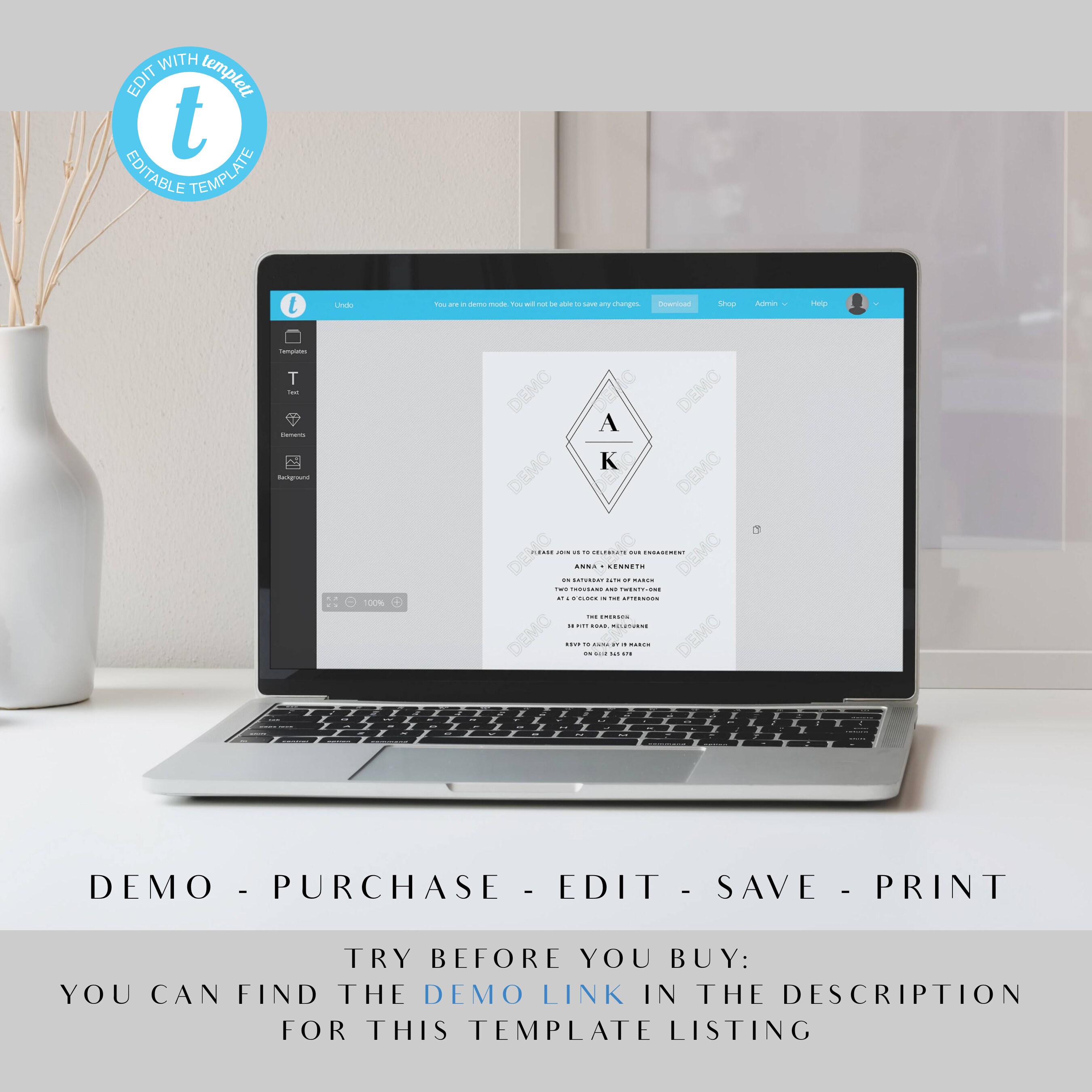 ERICA Monogram Minimalist Engagement Party Template - Customise and ...