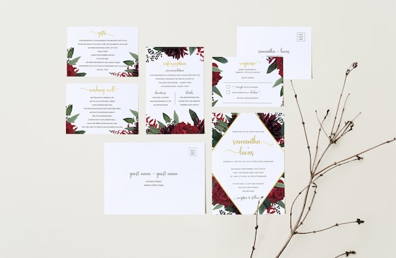 RUBY Floral Wedding Invitation Template Bundle Customise and - Etsy